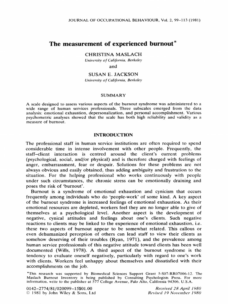 Maslach, Jackson, 1981 - The Measurement of Experienced Burnout | PDF ...