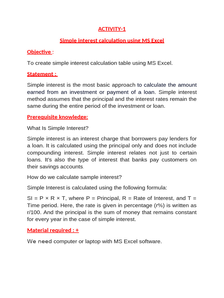 Simple Interest Calculation in Excel | PDF