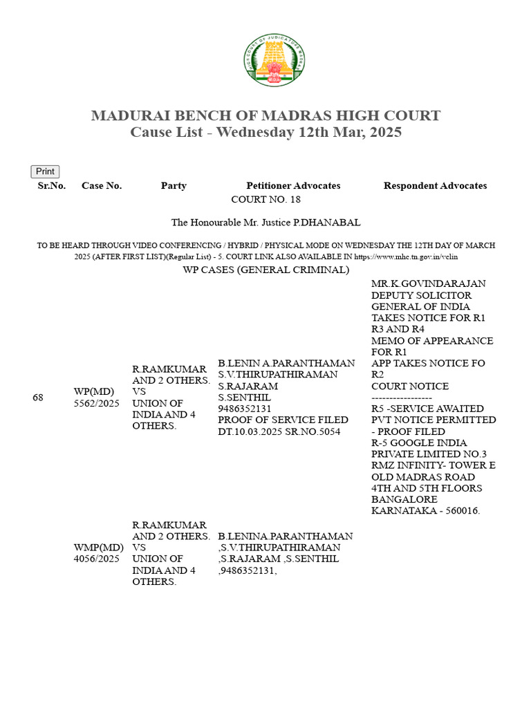 Madurai Bench Cause List - Mar 12, 2025 | PDF