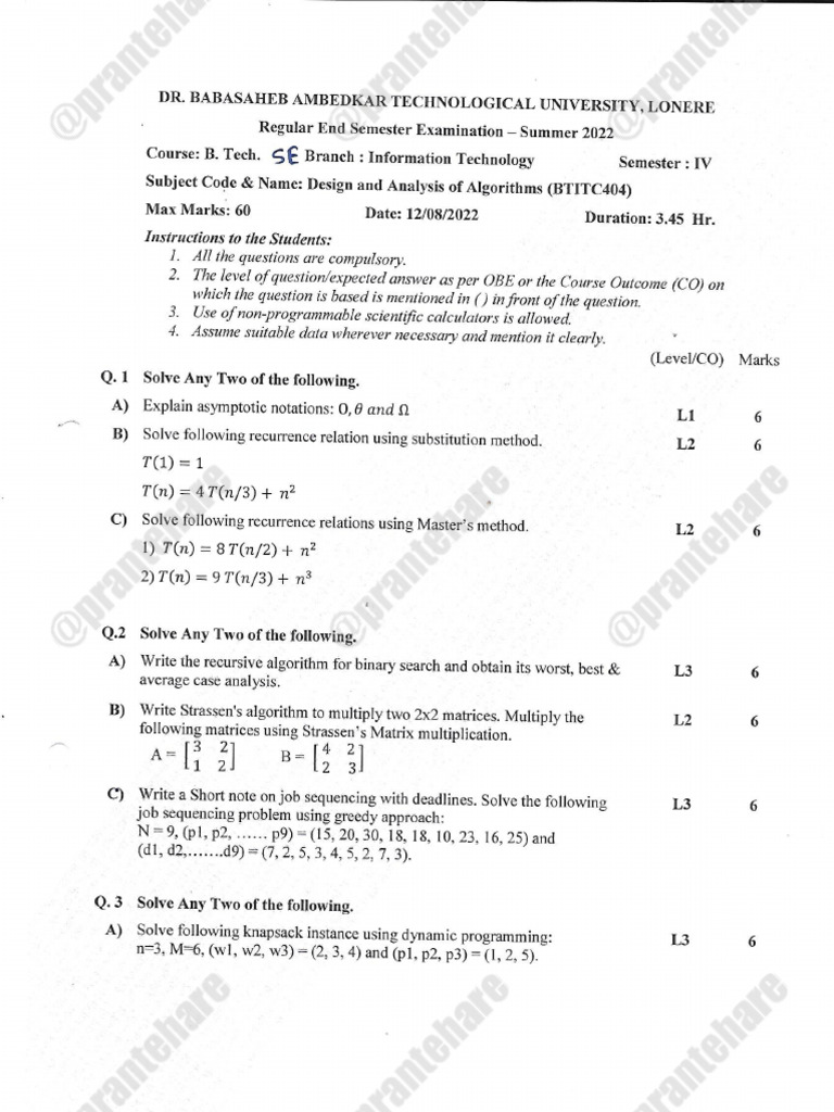 Design and Analysis of Algorithms ALL PYQ (Pran Tehare) | PDF | Time Complexity | Dynamic ...