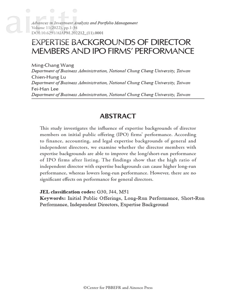 Expertise Backgrounds of Director Members and Ipo Firms' Performance ...