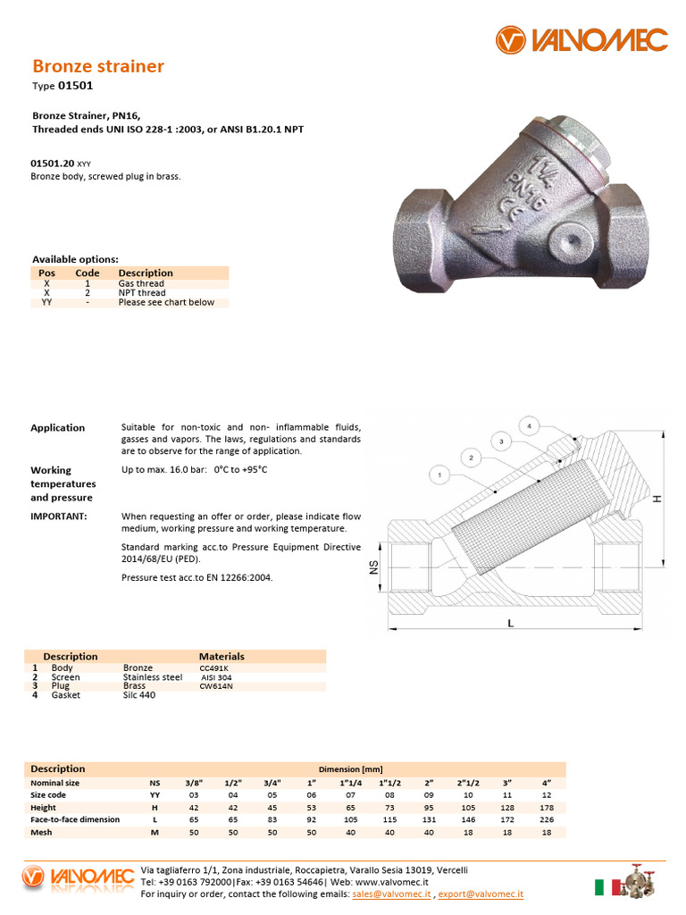 Bronze Strainer: Bronze Strainer, PN16, Threaded Ends UNI ISO 228-1: ...
