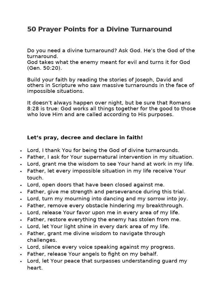 50 Prayer Points for Divine Turnaround | PDF | Prayer | God