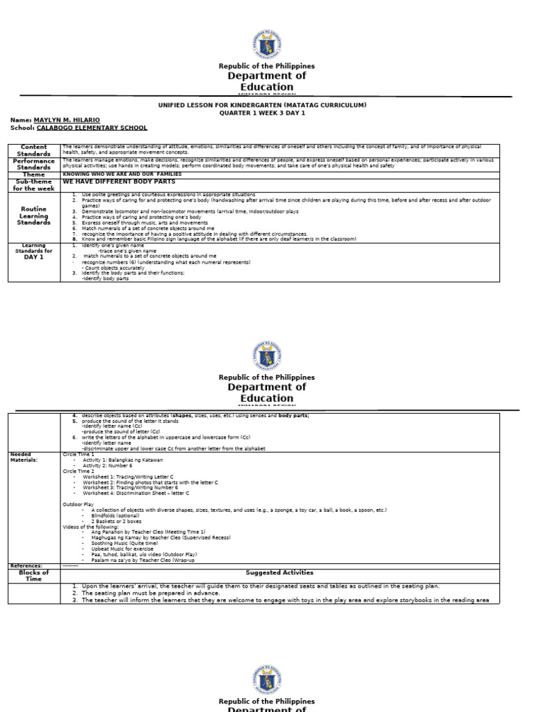 LP - Kinder Quarter 1 - Week 3 DAY 1 Revised | PDF | Learning | Teachers