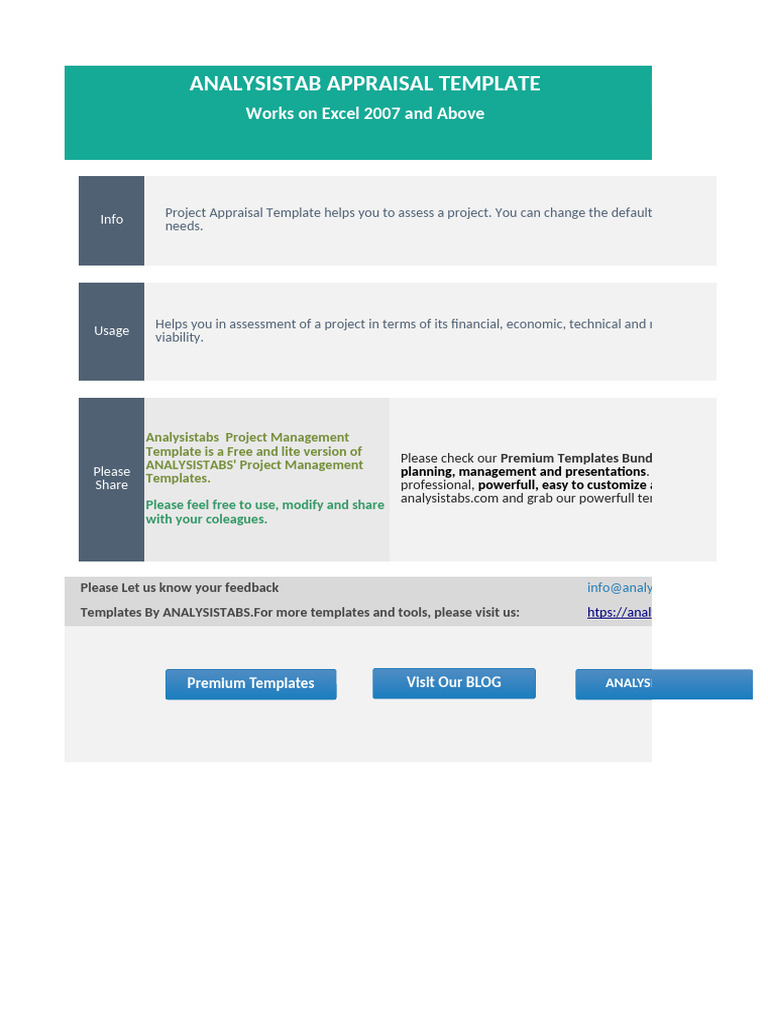 ANALYSISTABS Project Appraisal Template Excel | PDF | Computing | Software