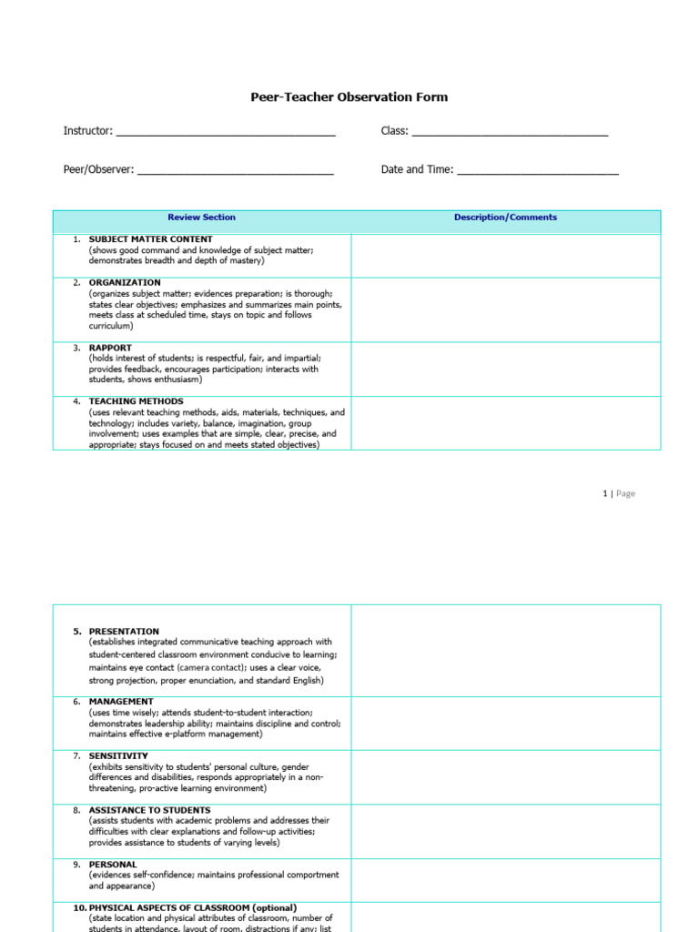 Peer-Teacher Observation Form | PDF | Teaching Method | Classroom