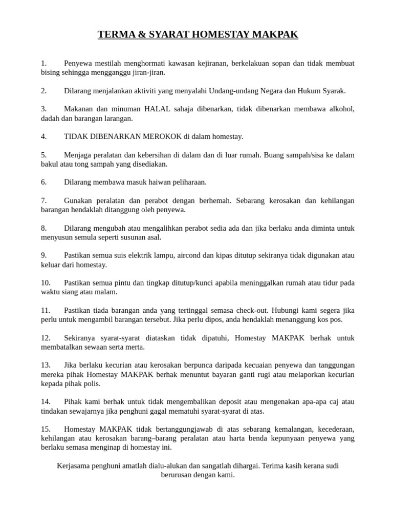 Terma dan Syarat Homestay Makpak | PDF