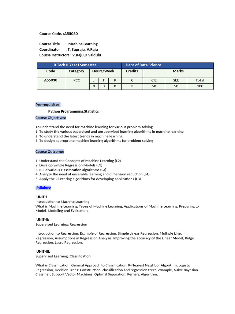 B.Tech II Year I Semester Dept - of Data Science: Syllabus | PDF ...