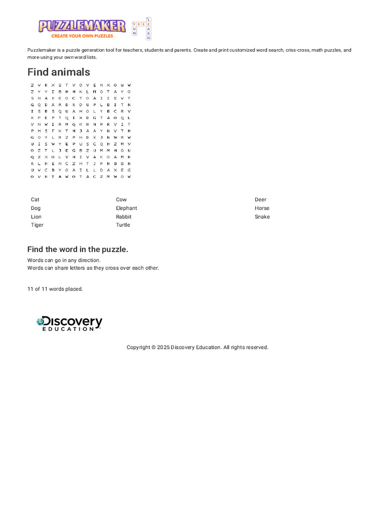 Word Search Puzzle - Animals | PDF
