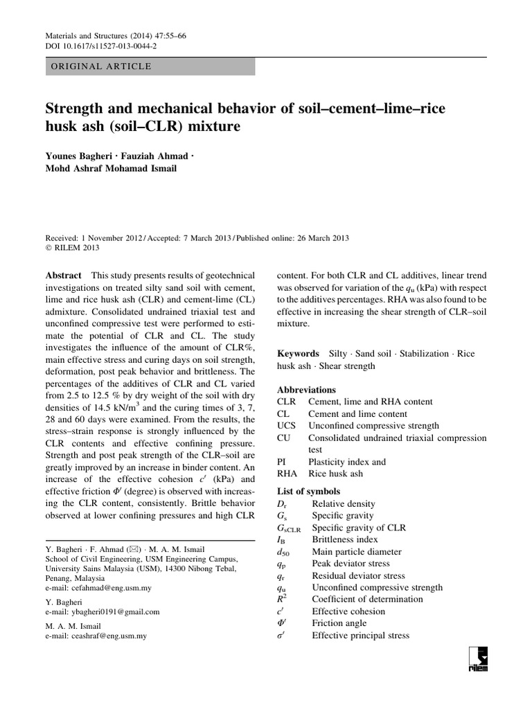 Strength and Mechanical Behavior of Soil-Cement-Lime-Rice Husk Ash ...
