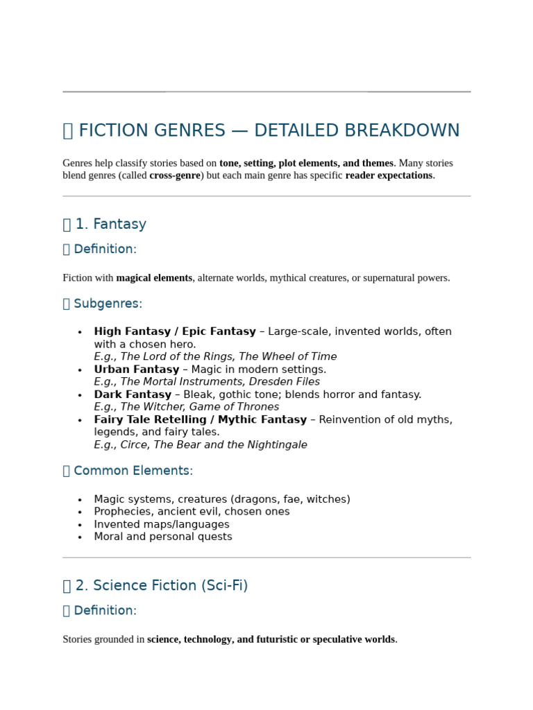 Exploring Fiction Genres and Subgenres | PDF | Thriller (Genre) | Fantasy