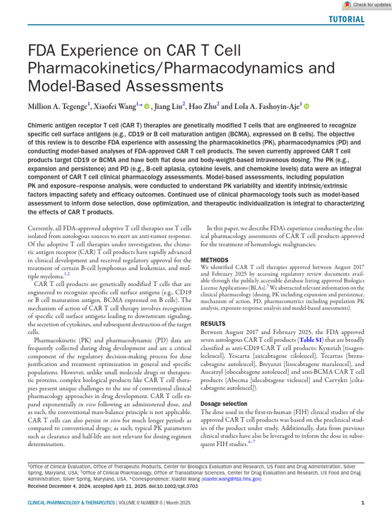 FDA Experience on CAR T Cell Pharmacokinetics - Pharmacodynamics and Model‐Based Assessments ...