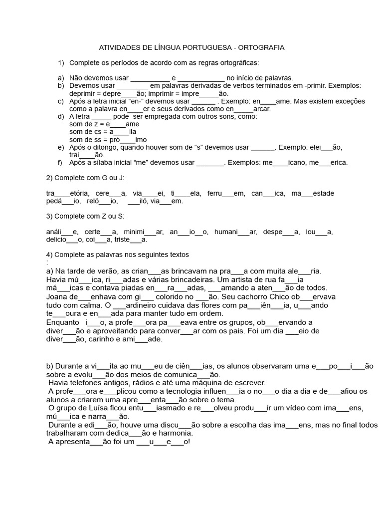 Atividades de Ortografia S, SS, C, Ç | PDF