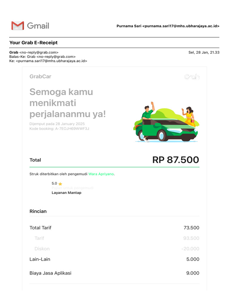E-Receipt GrabCar 2025 dan Rincian Tarif | PDF