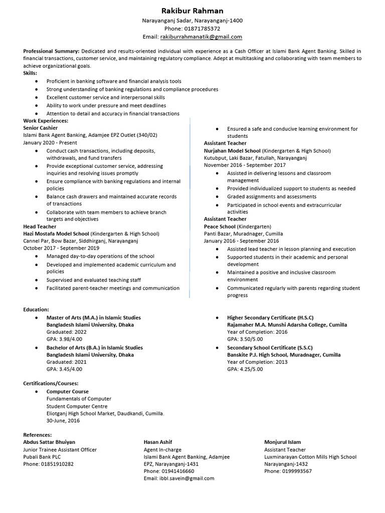 Rakibur Rahman Common CV Updated On 02, July, 2025 | PDF | Teachers | Banks
