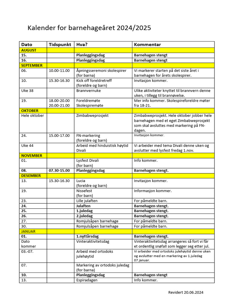 Kalender For Barn 2024 2025 | PDF