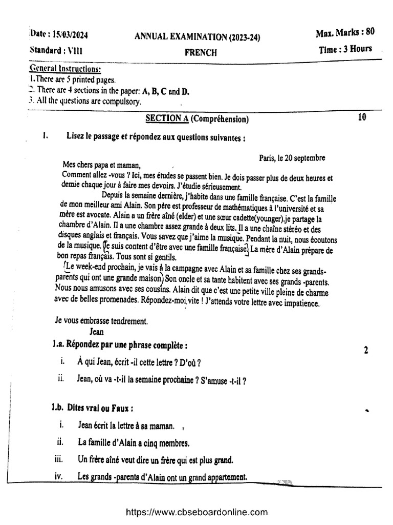 French Previous Year Question Paper | PDF