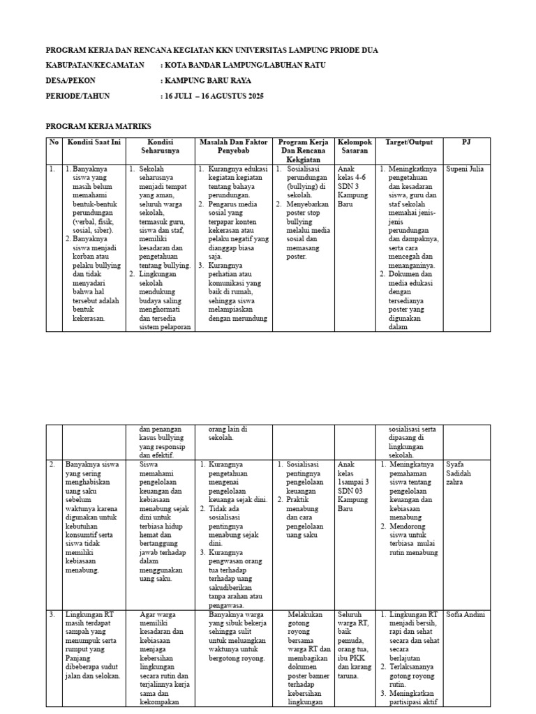 Matriks KKN Kampung Baru Raya UNILA | PDF