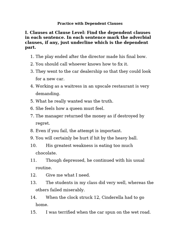 Identifying Dependent Clauses Practice | PDF