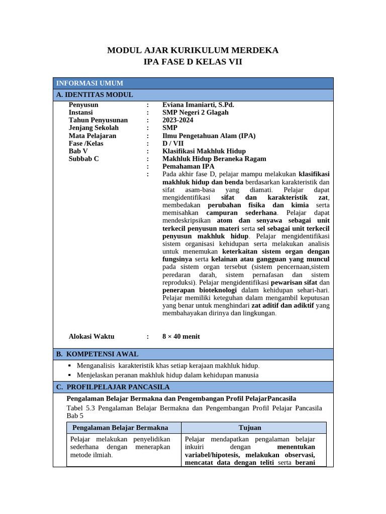 Modul Ajar IPA Kelas VII: Klasifikasi Makhluk Hidup | PDF