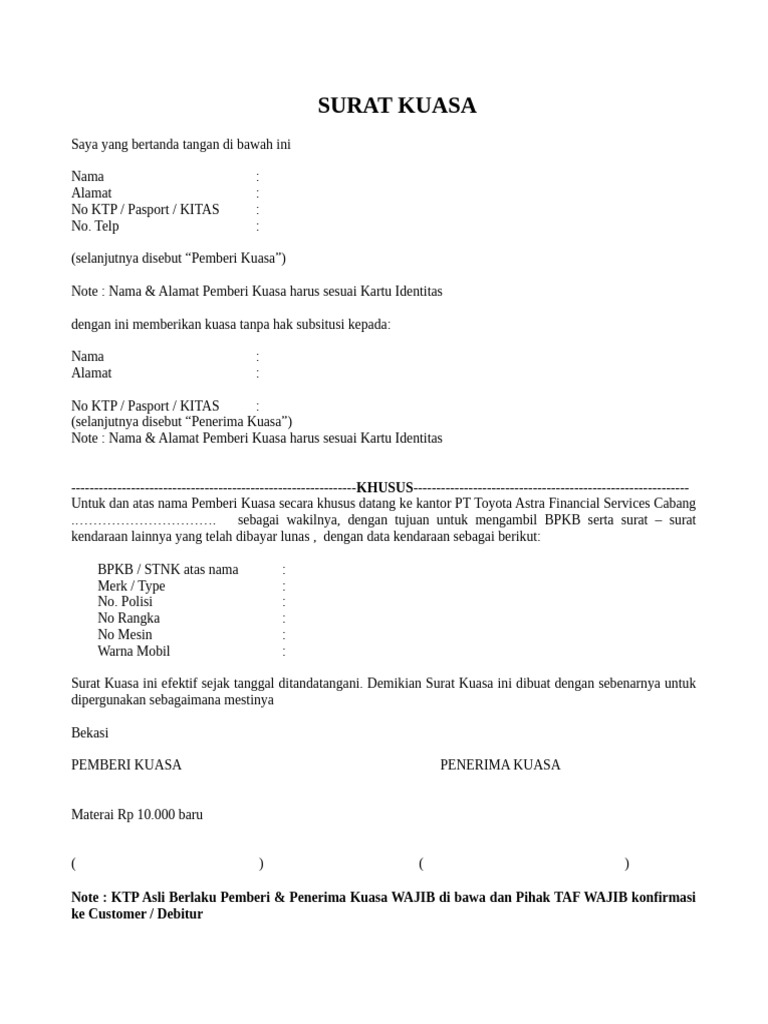 Surat Kuasa Ambil BPKB Perorangan | PDF