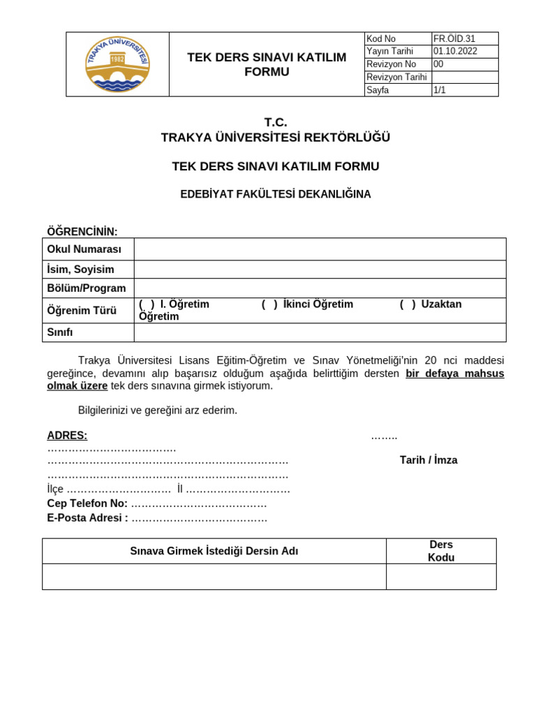 Tek Ders Sinav Dilekcesi | PDF