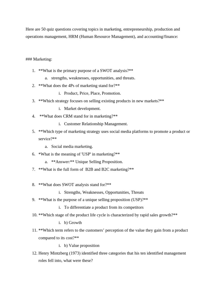Business Quiz: 50 Key Questions | PDF | Marketing | Entrepreneurship