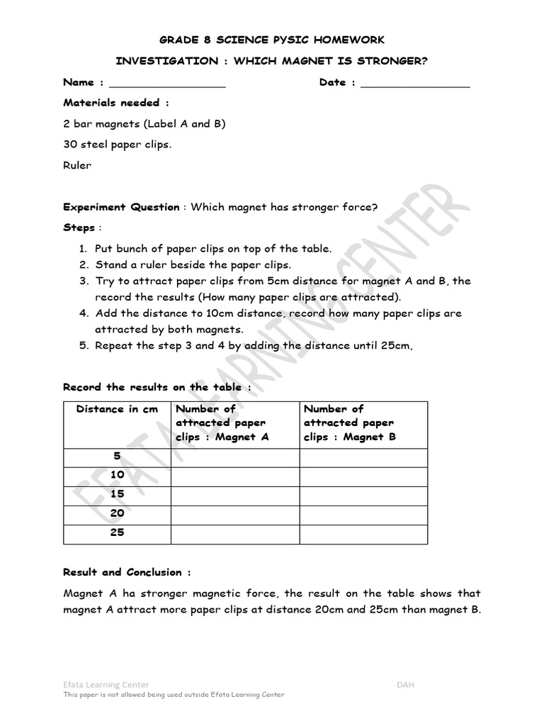 Grade 8 Science Pysic Homework Investigation Which Magnet Is Stronger | PDF