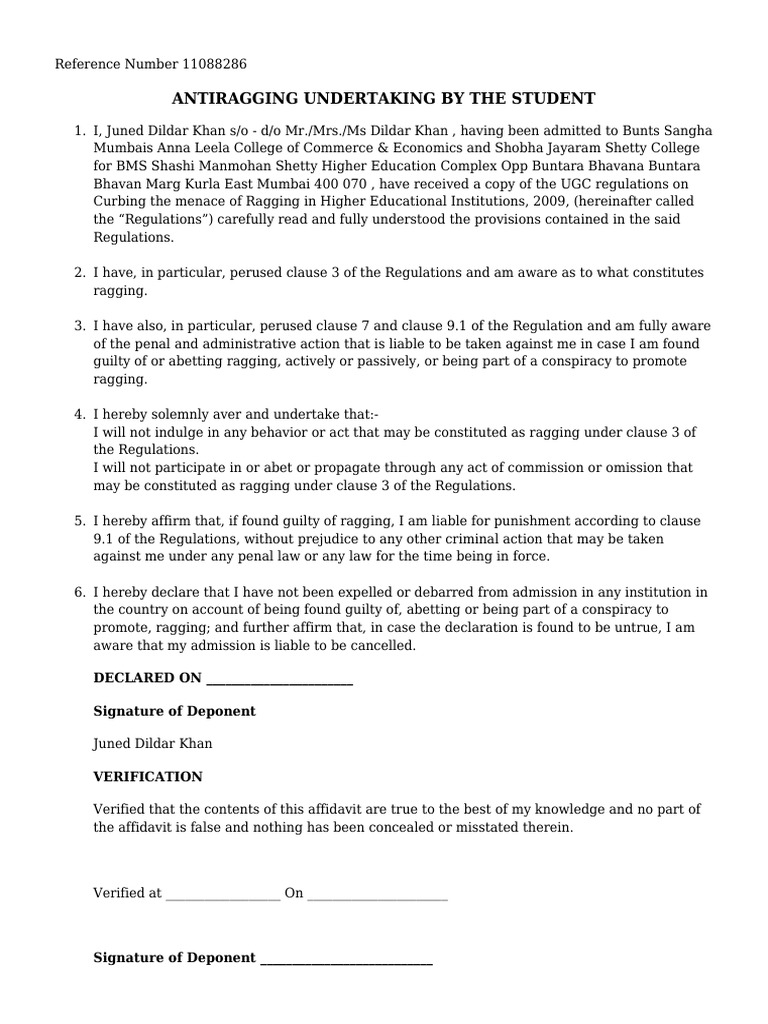 Anti Ragging Affidavit Form | PDF | Affidavit
