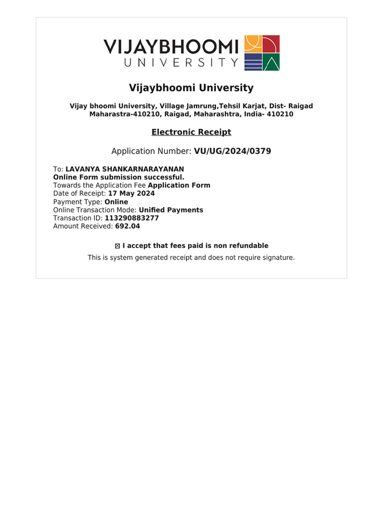 Acknowledgement Receipt VU UG 2024 0379 | PDF