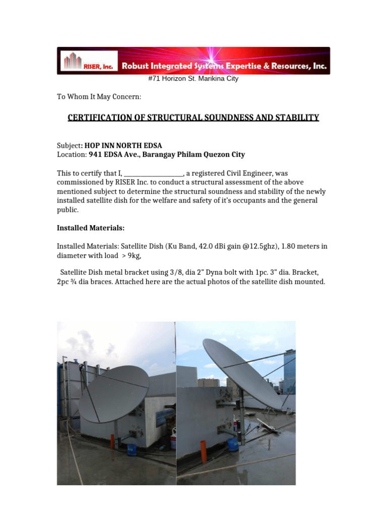 Structural Certification for HOP INN EDSA | PDF