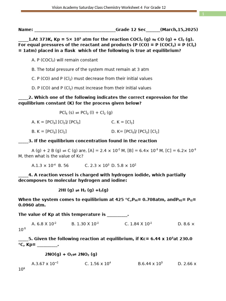 Grade 12 Chemistry Equilibrium Worksheet | PDF | Chemical Equilibrium ...