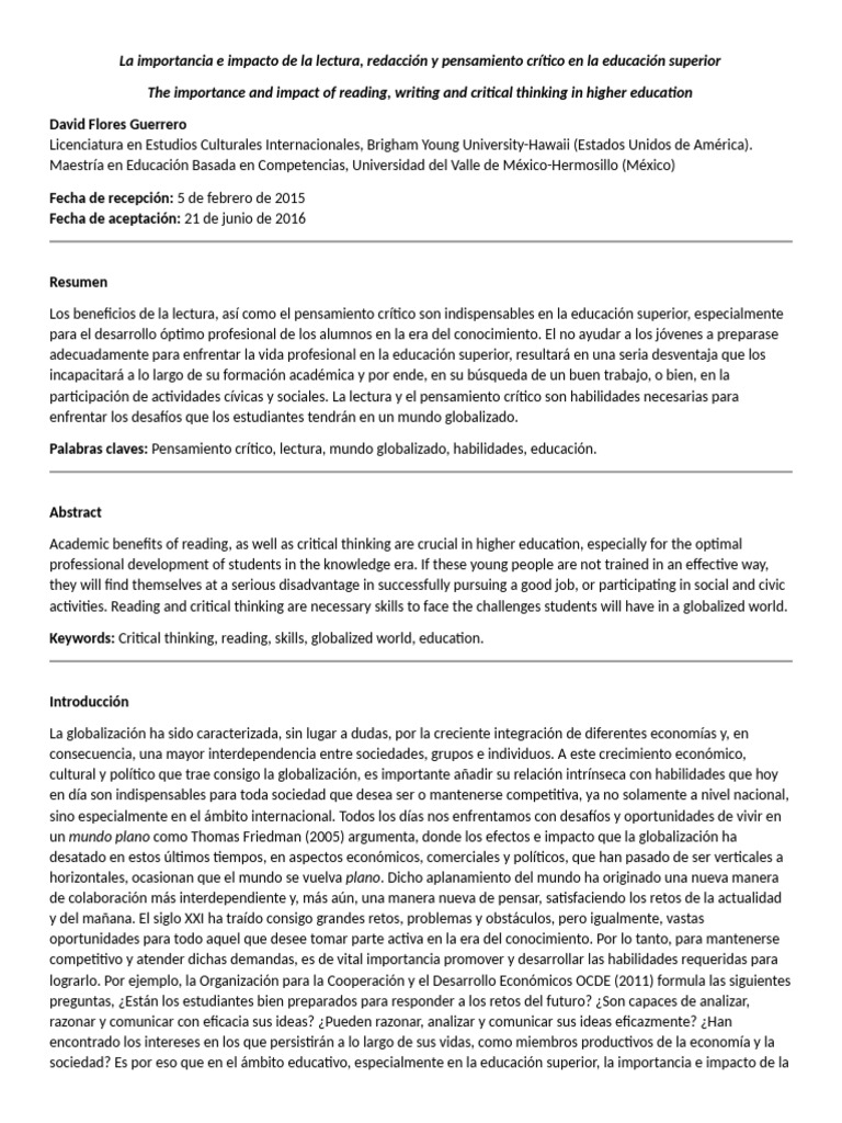 Impacto de la Lectura y Pensamiento Crítico | PDF | Pensamiento ...
