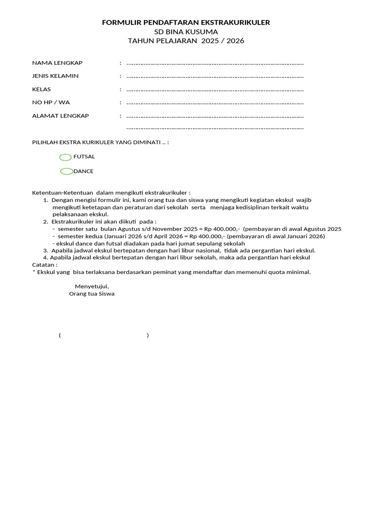 Formulir Ekskul 2025 | PDF