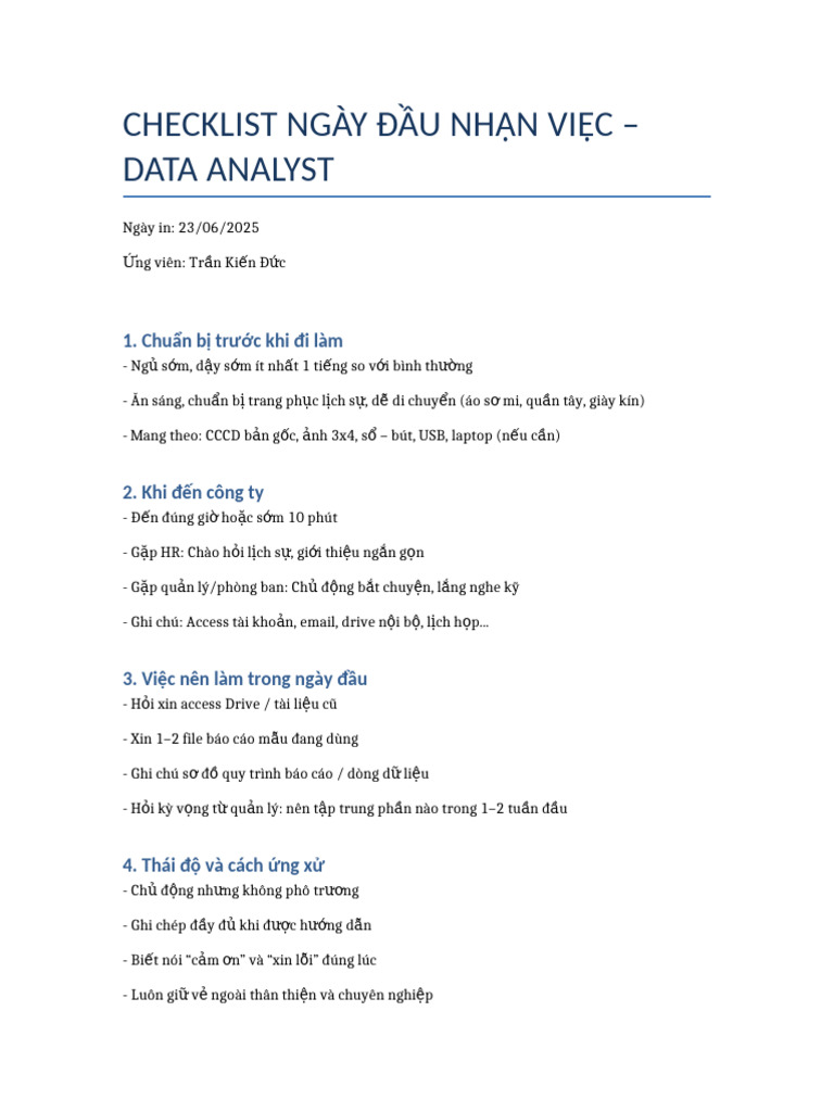 Checklist Ngay Dau Data Analyst | PDF