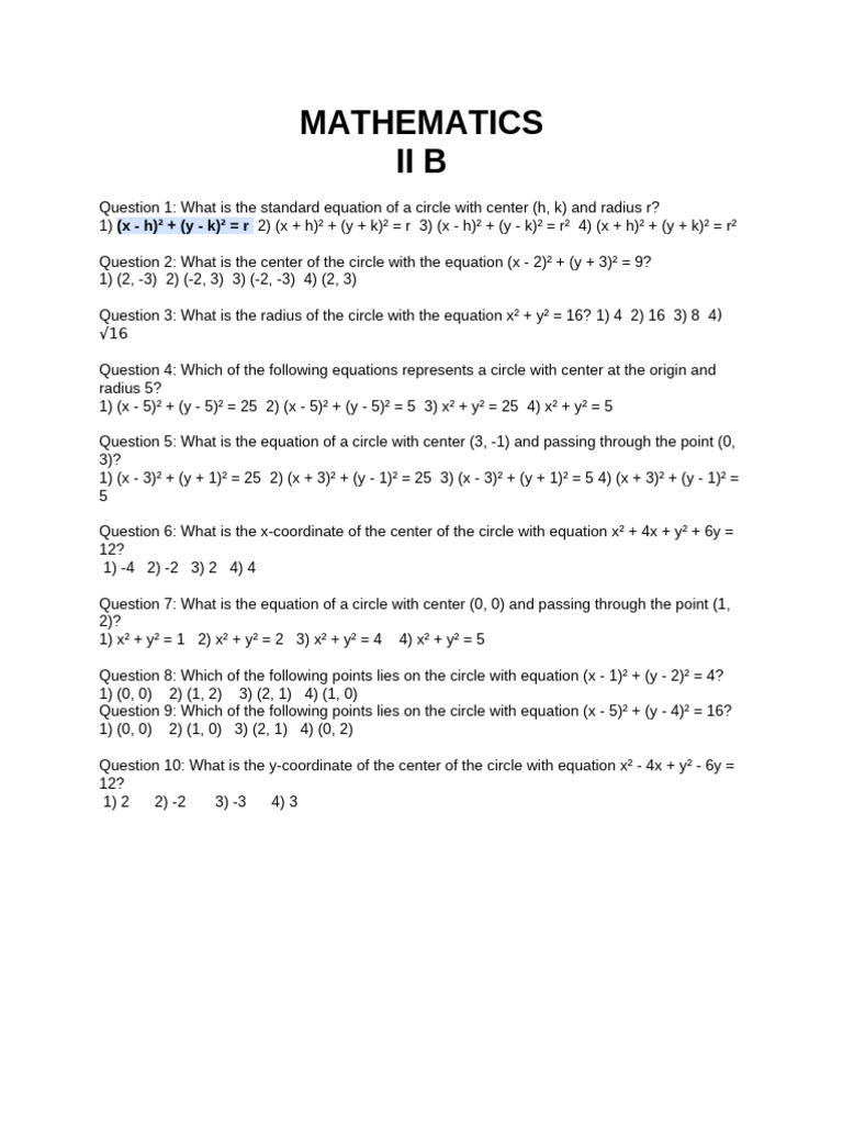 Circle Equation and Properties Quiz | PDF