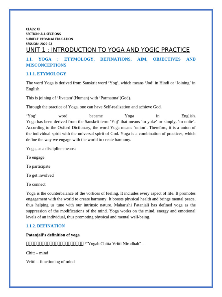 Unit 1 Yoga Skill Notes | PDF | Yoga | Vedas