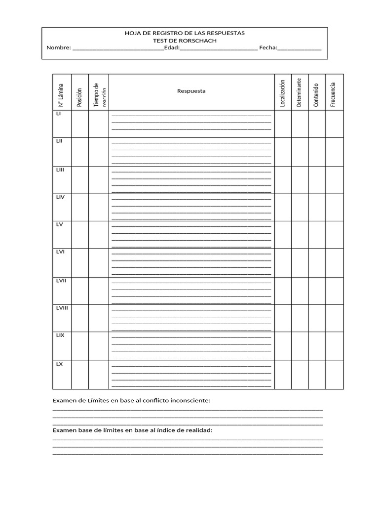 Hoja de Registro Rorschach | PDF | Pruebas