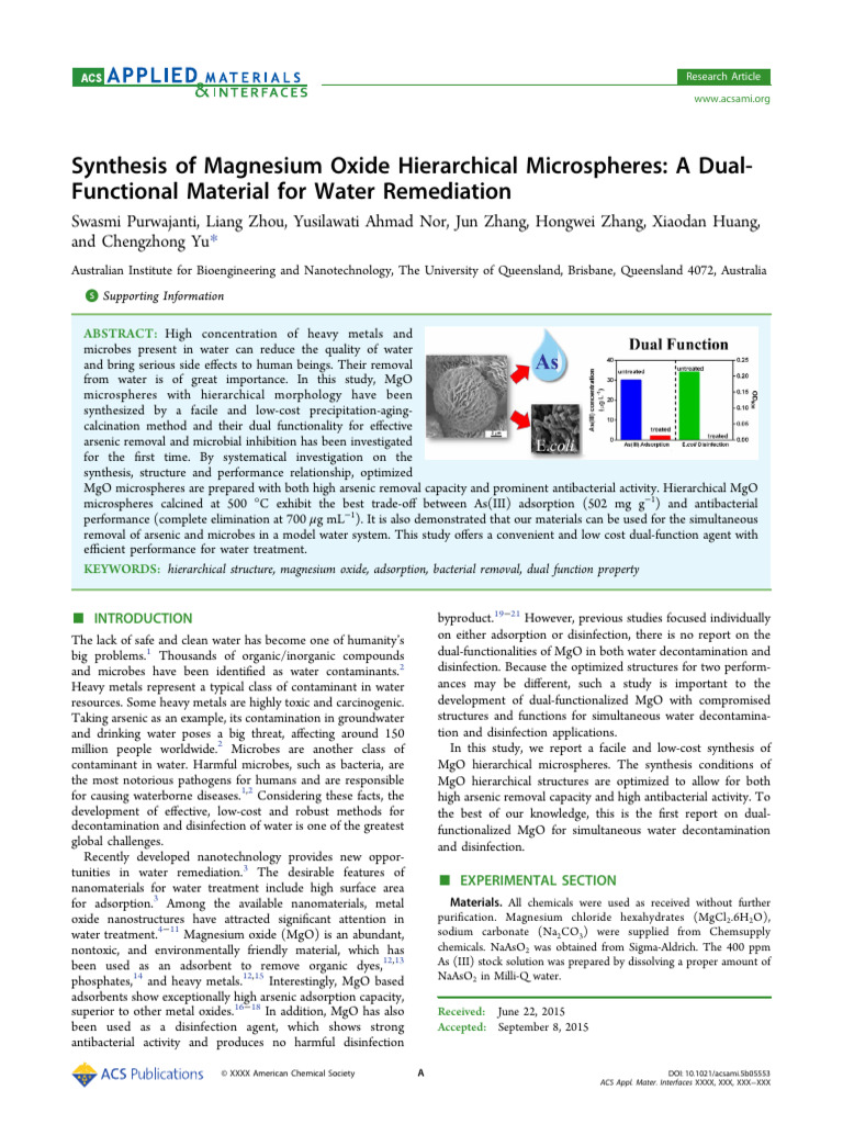Synthesis of Magnesium Oxide Hierarchical Microspheres A DualFunctional ...
