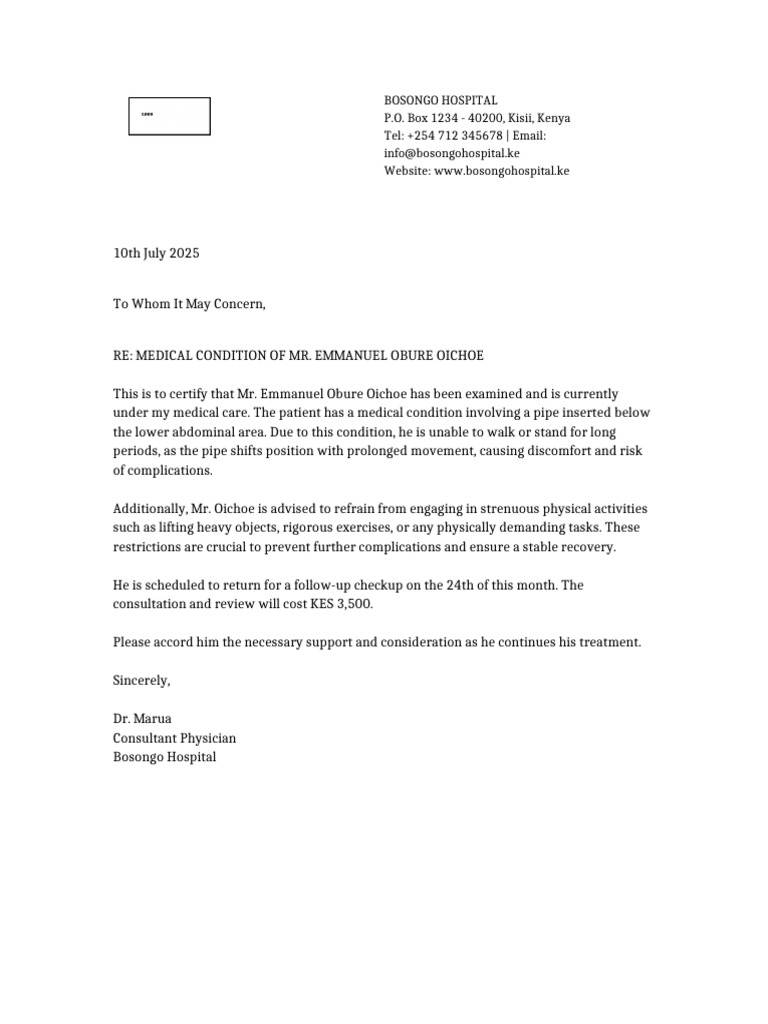 Medical Letter Emmanuel Obure Oichoe | PDF