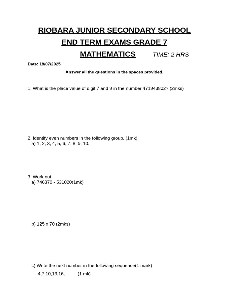 Grade 7 Mathematics Exam Paper | PDF