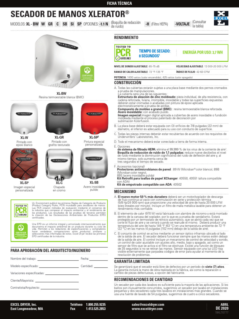 Ficha Técnica Secador de Manos XLERATOR | PDF | Sensor | Acero