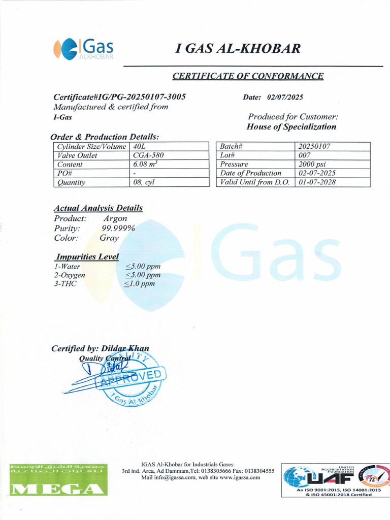 Argon Gas Certificate | PDF