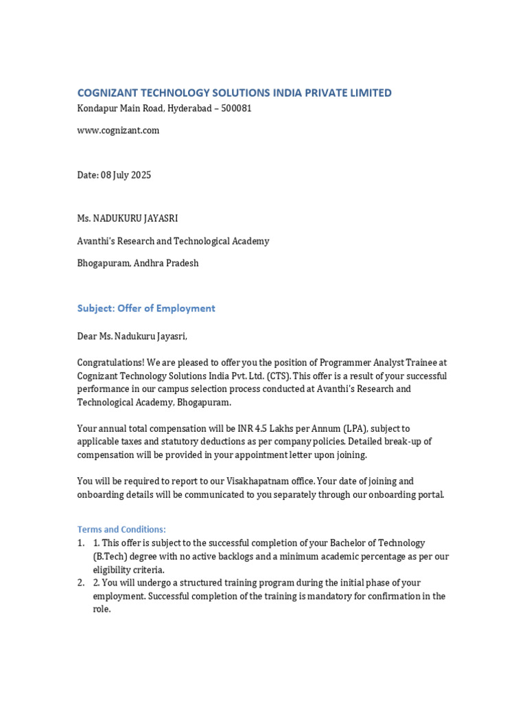 Cognizant Offer Letter Nadukuru Jayasri | PDF