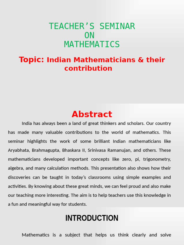 Indian Mathematicians and Their Contributions | PDF | Mathematics