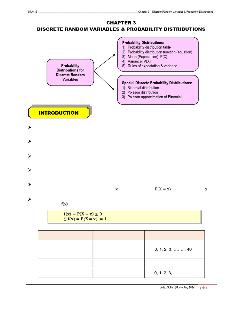 STA116 Chapter 3 - Discrete Random Variable & Probability Distribution | PDF | Probability ...