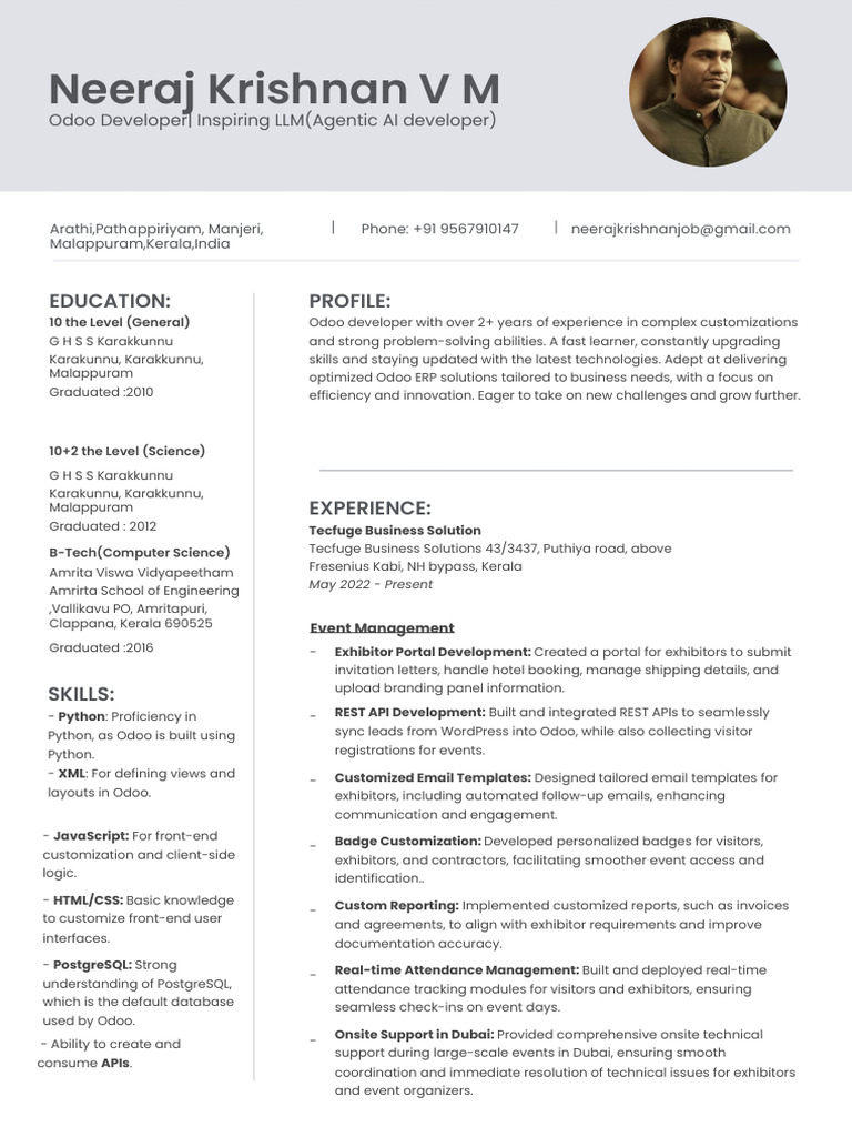 Odoo Developer Resume: Neeraj Krishnan | PDF | Point Of Sale | Databases