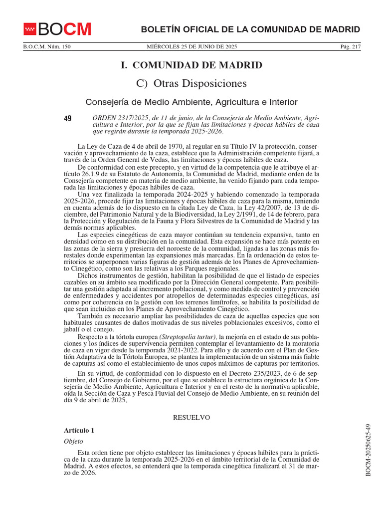 Orden de Vedas de Caza de La Comunidad de Madrid 2025 2026 | PDF | Caza ...