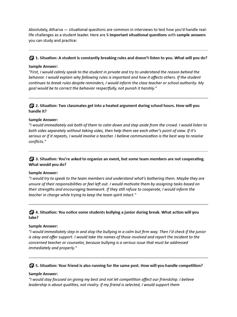 Situational Questions for Student Leaders | PDF | Behavioural Sciences ...