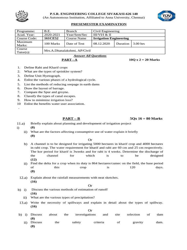 Irrigation Engineering Exam Paper 2020 | PDF | Dam | Irrigation